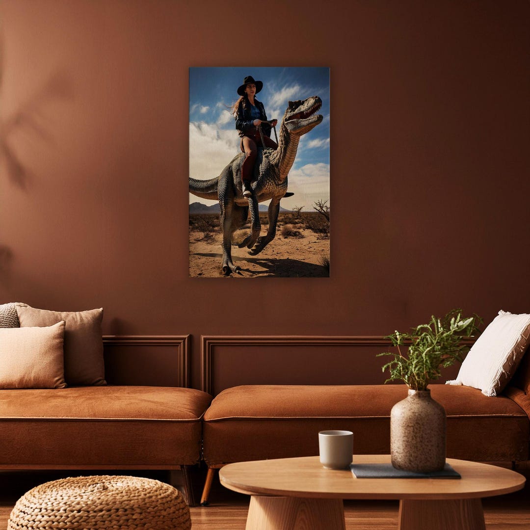 Dinosaur Cowboy Poster, Cowboy in Desert, Art Poster Print, Dark ...