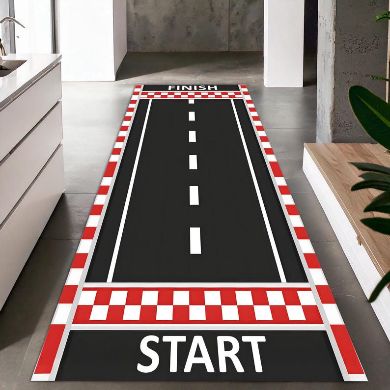 Start Finish Racing Runner Rug for Kids, Toy Car Race Mat, Kids Play ...