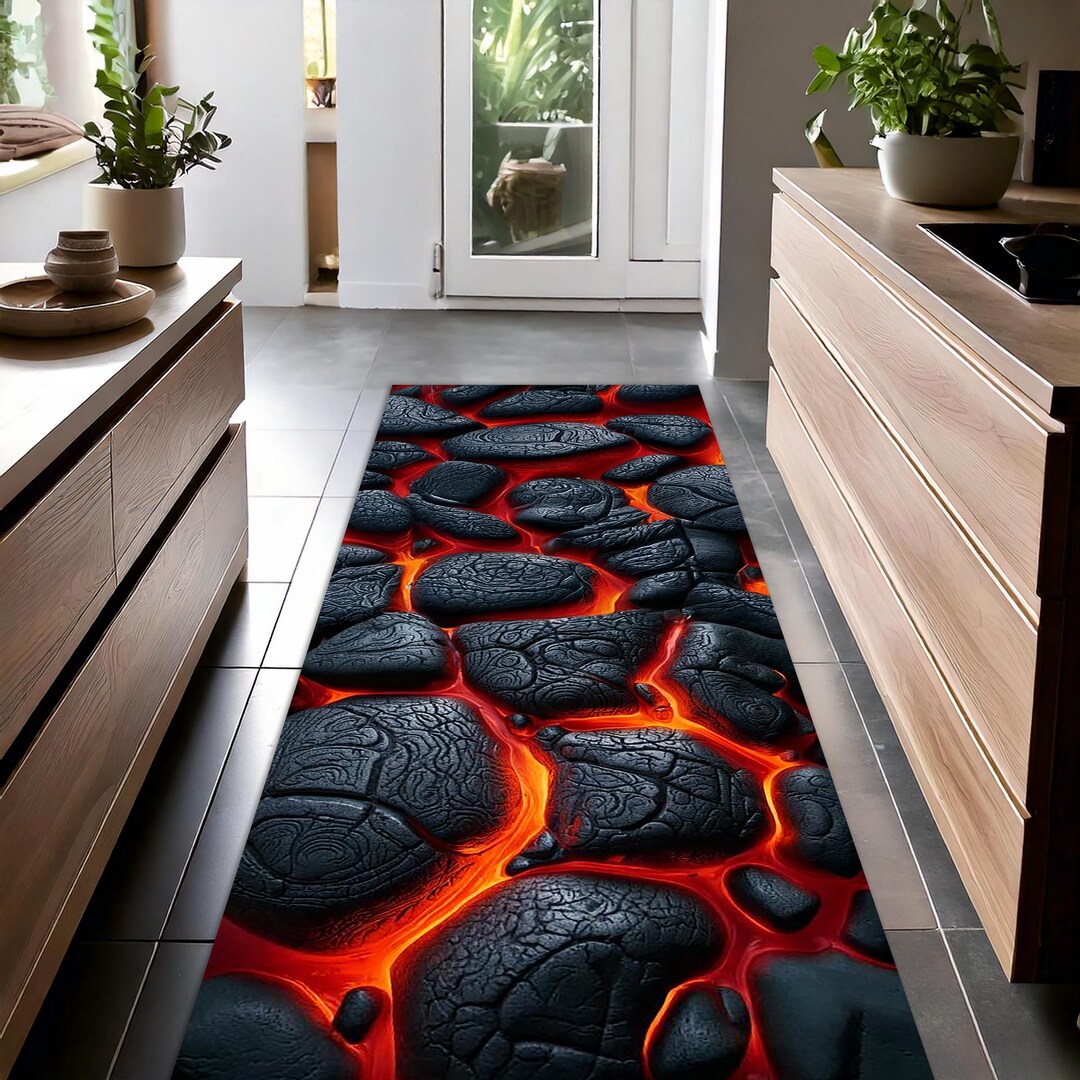 Red Lava Runner Rug | Fiery Molten Rock Hallway Carpet | Volcanic Magma ...