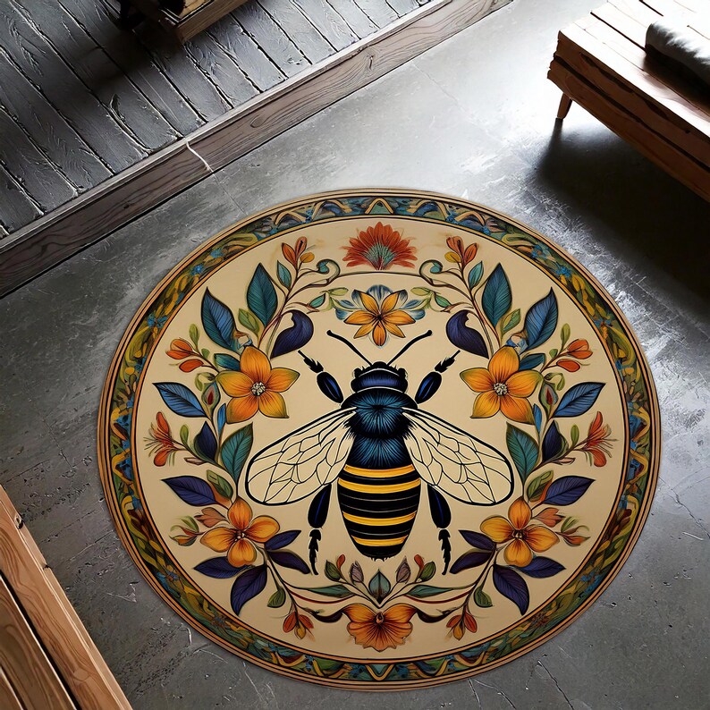Floral Bee Rug | Beige Botanical Carpet With Bees | Nature-inspired ...
