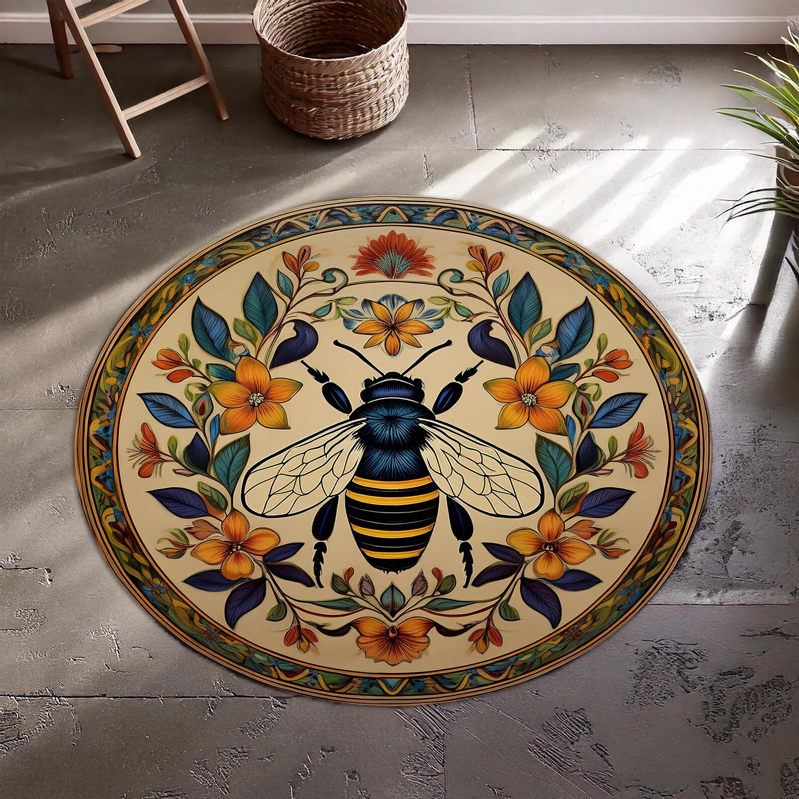 Floral Bee Rug | Beige Botanical Carpet With Bees | Nature-inspired ...