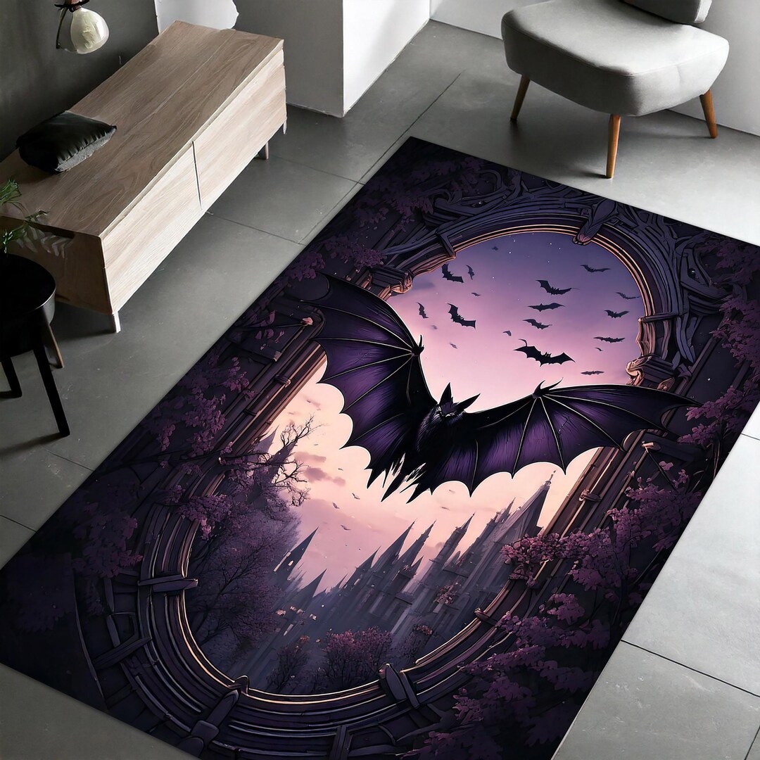 Bat Rug With Purple Background | Gothic Bat Carpet | Spooky Dark ...