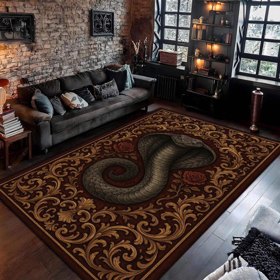 Serpent Sigil Baroque Rug, Snake Gothic Decor Rug, Dark Brown Gold ...
