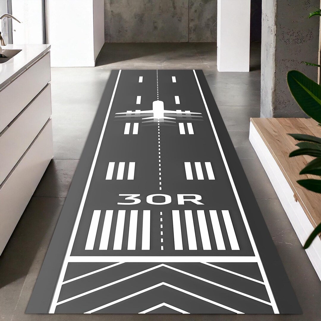 Gray Runway Road Rug for Kids | Airport Airplane Themed Playmat for ...
