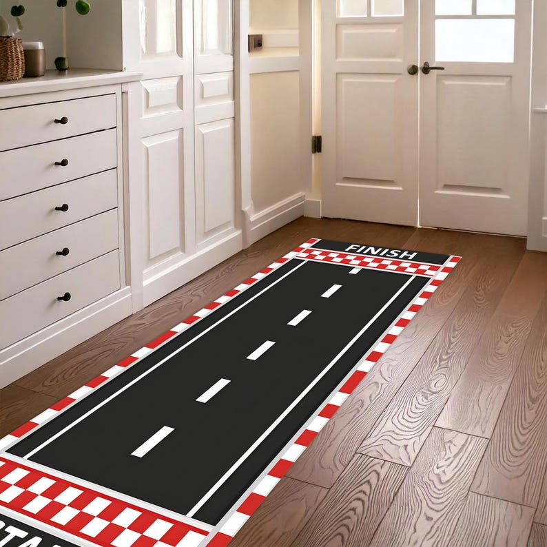Start Finish Racing Runner Rug for Kids, Toy Car Race Mat, Kids Play ...