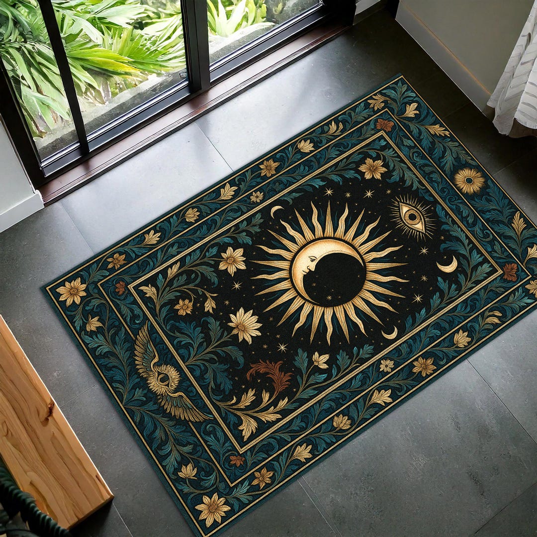 Celestial Sun and Moon Rug, Mystical Boho Black Occult Carpet With Eye ...