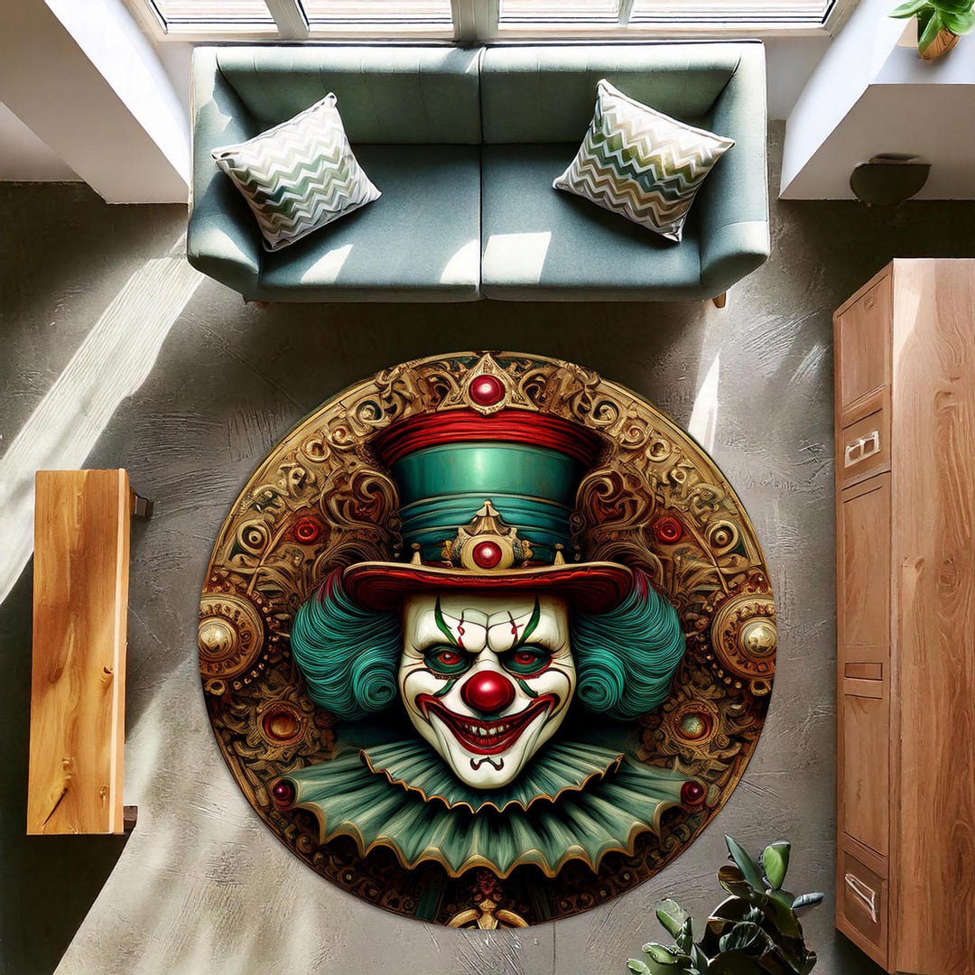 Scary Clown Round Rug With Green Hat, Creepy Circus Carpet, Horror ...