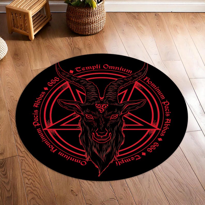 Red Devil Pentagram Round Rug, Gothic Style Carpet, Black Background ...