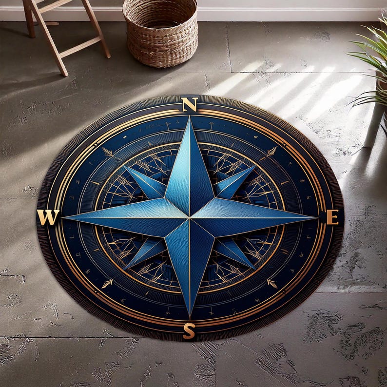 Navy Compass Round Rug, Nautical Map Design Carpet, Vintage Maritime ...
