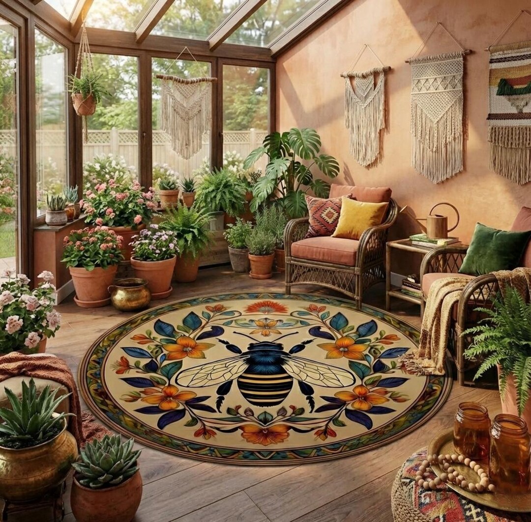 Floral Bee Rug | Beige Botanical Carpet With Bees | Nature-inspired ...