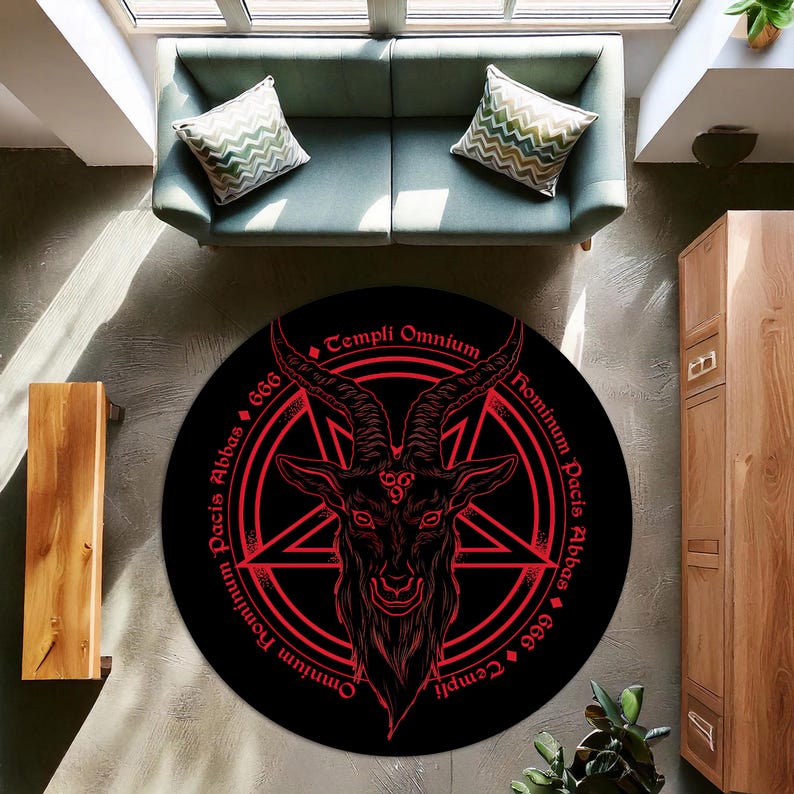 Red Devil Pentagram Round Rug, Gothic Style Carpet, Black Background ...