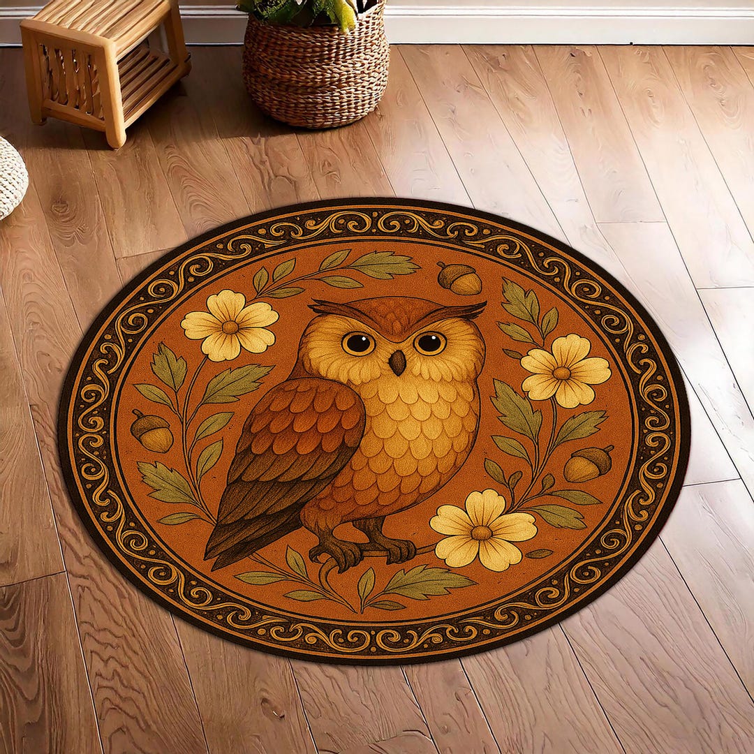 Round Owl Rug in Brown – Woodland Animal Carpet With Floral Border ...
