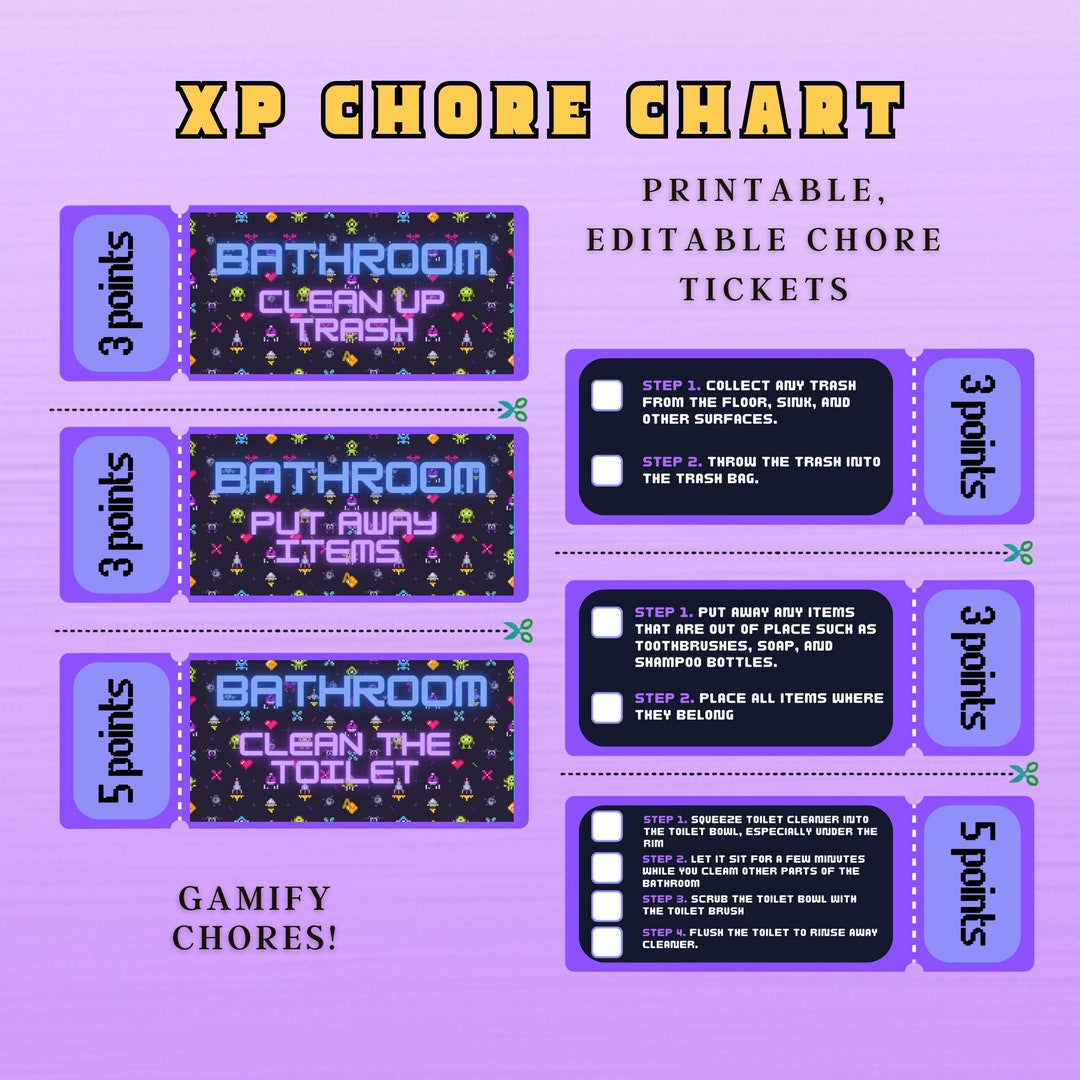 Digital Editable Printable Chore Tickets | Video Game XP Points ...