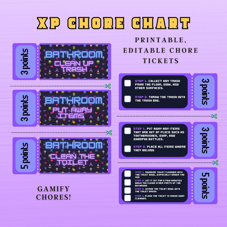Digital Editable Printable Chore Tickets | Video Game XP Points ...