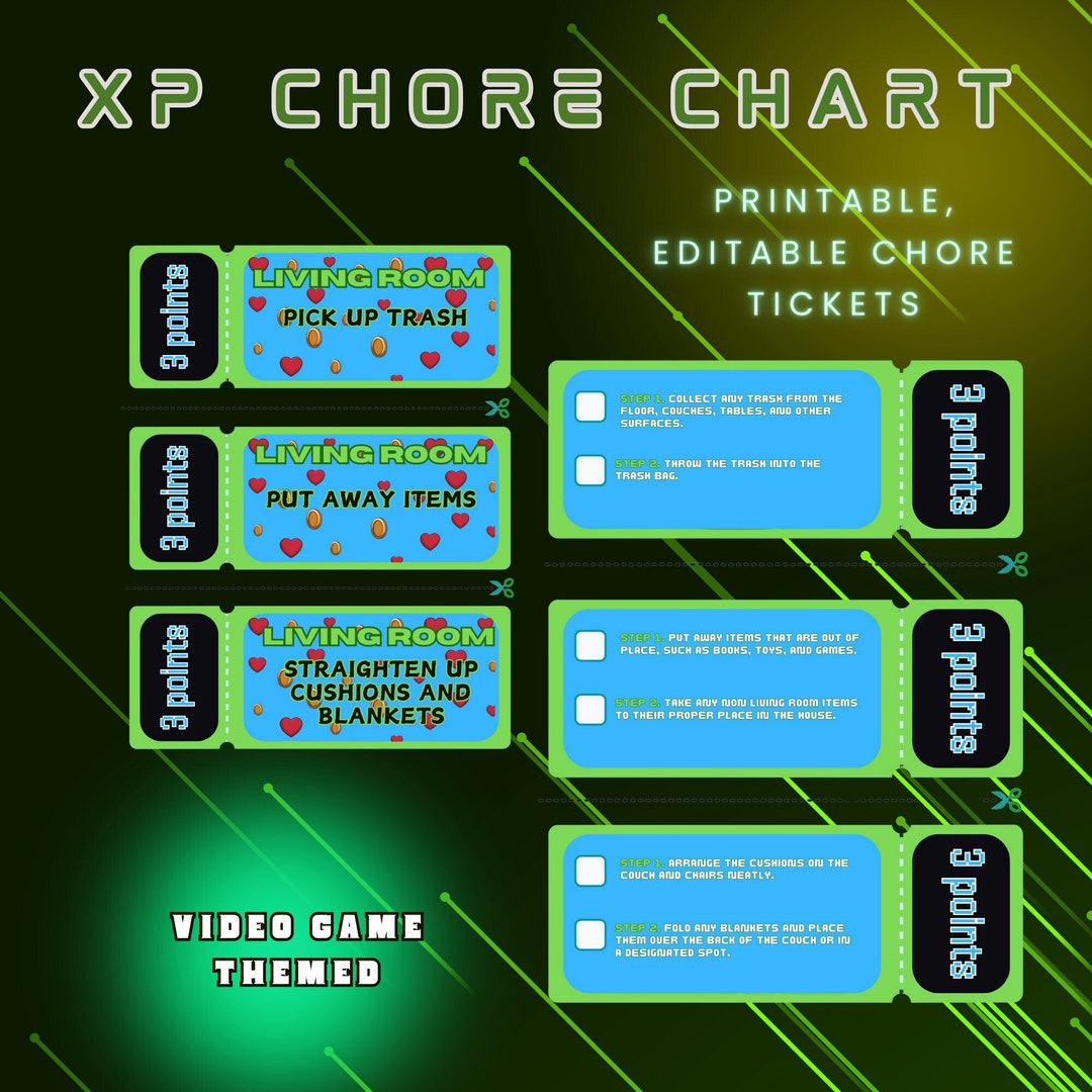 Digital Editable Printable Living Room Chore Tickets | XP Points Theme ...