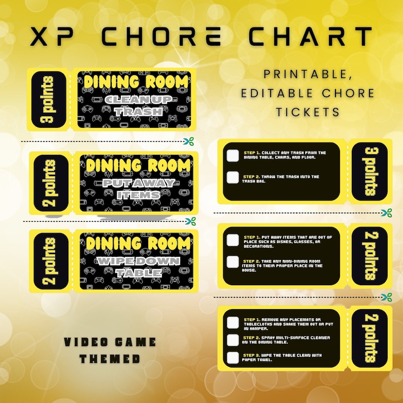Digital Editable Printable Dining Room Chore Tickets | XP Points Theme ...