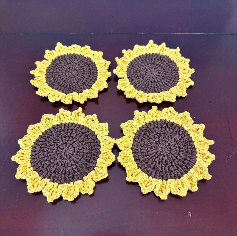 Sunflower Coasters With Holder, Crochet Coaster Set, Crochet Sunflower ...
