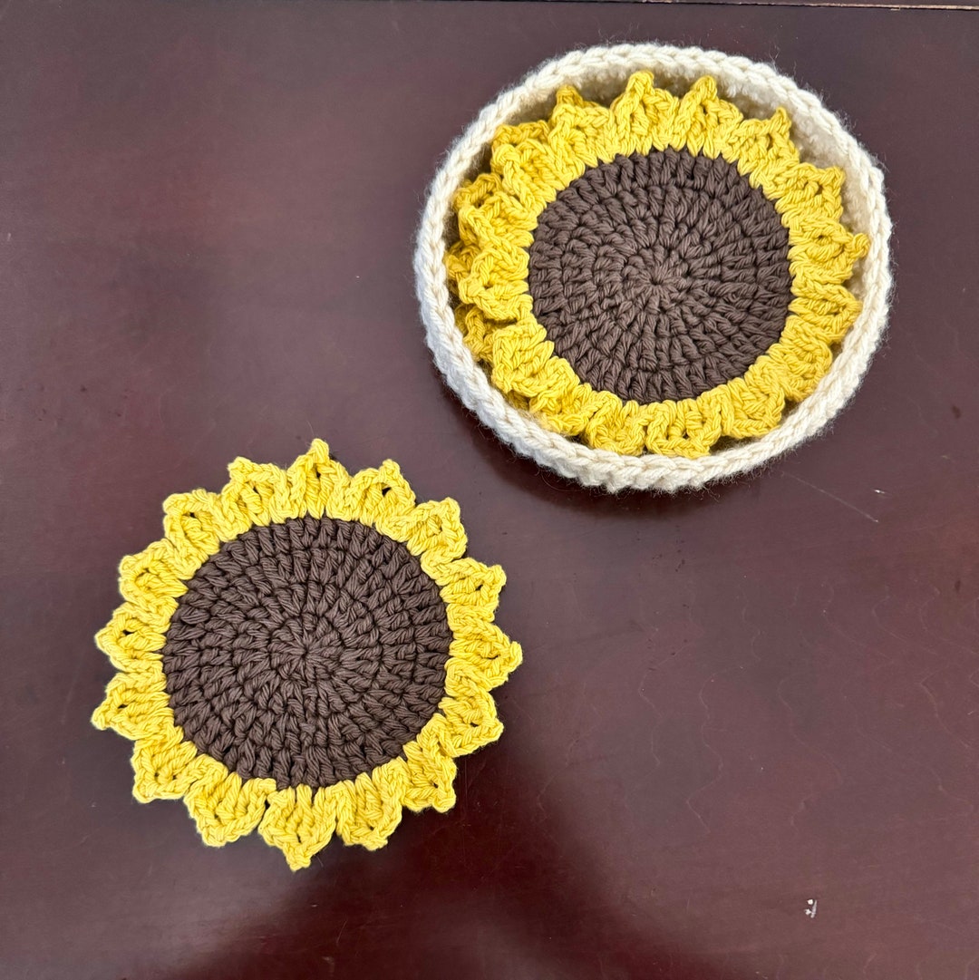 Sunflower Coasters With Holder, Crochet Coaster Set, Crochet Sunflower ...