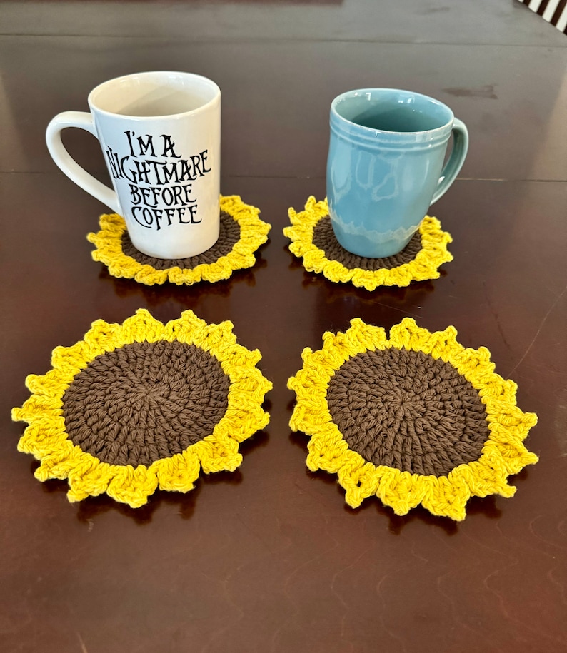 Sunflower Coasters With Holder, Crochet Coaster Set, Crochet Sunflower ...
