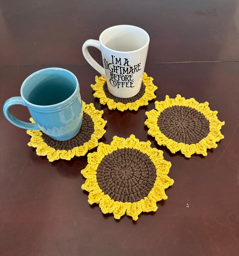 Sunflower Coasters With Holder, Crochet Coaster Set, Crochet Sunflower ...