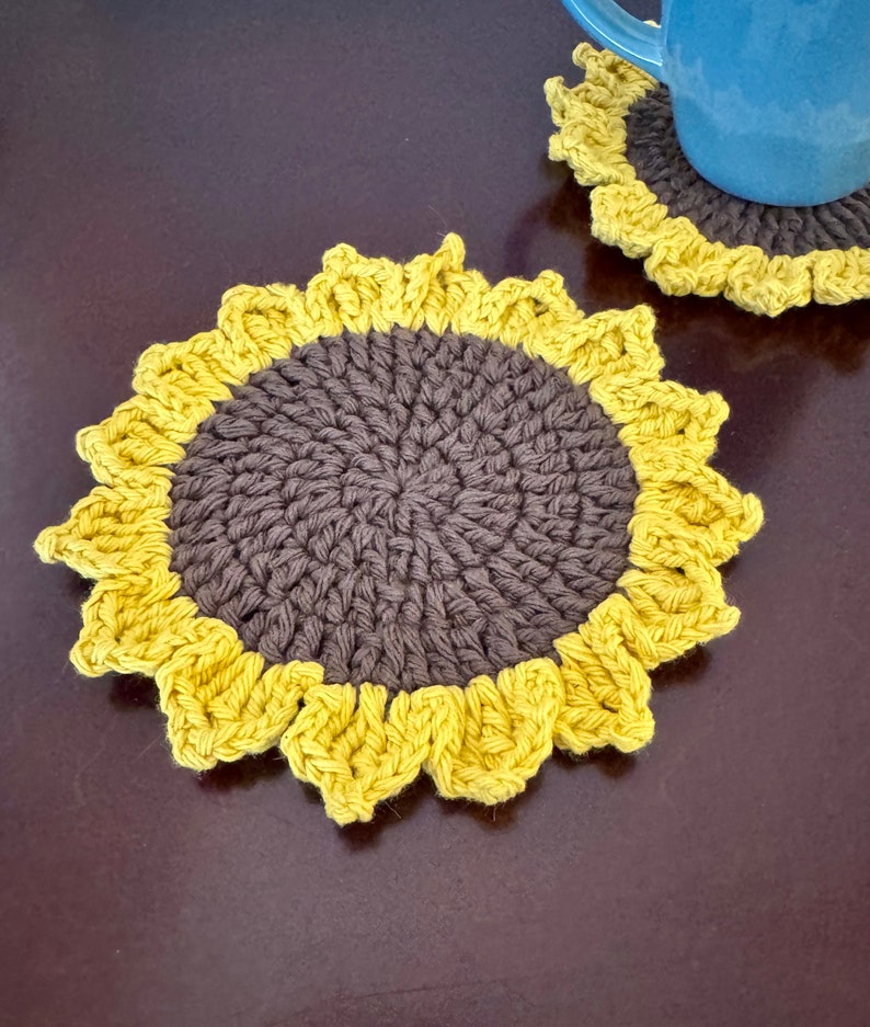 Sunflower Coasters With Holder, Crochet Coaster Set, Crochet Sunflower ...