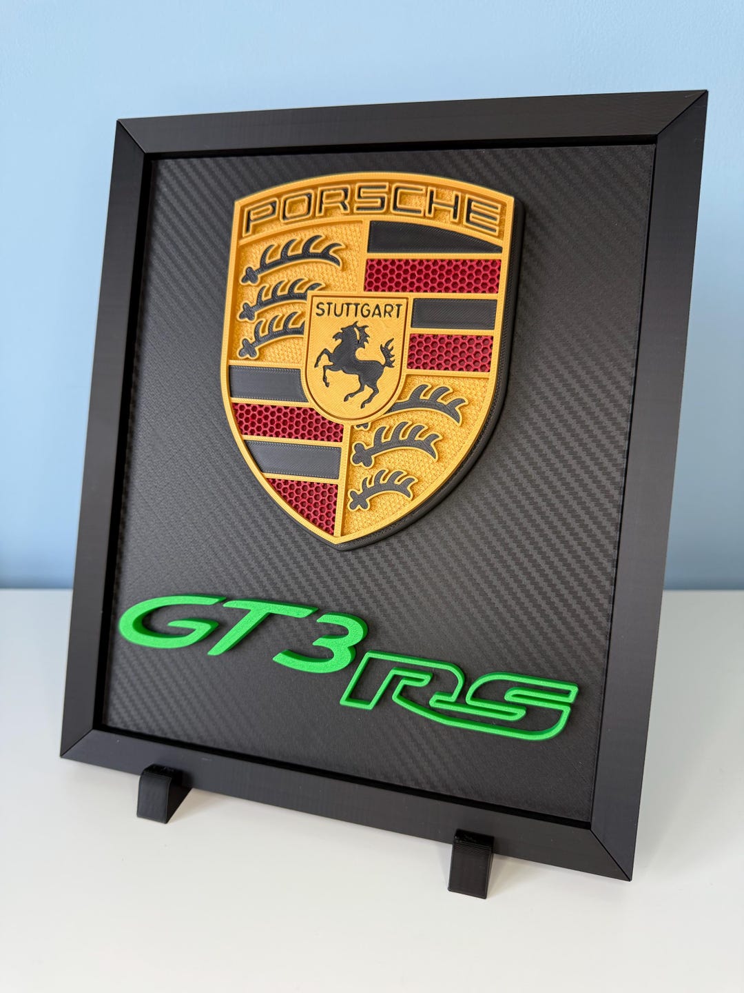 Framed Porsche Badge With GT3 RS Lettering – Carbon Fibre Effect Wall ...