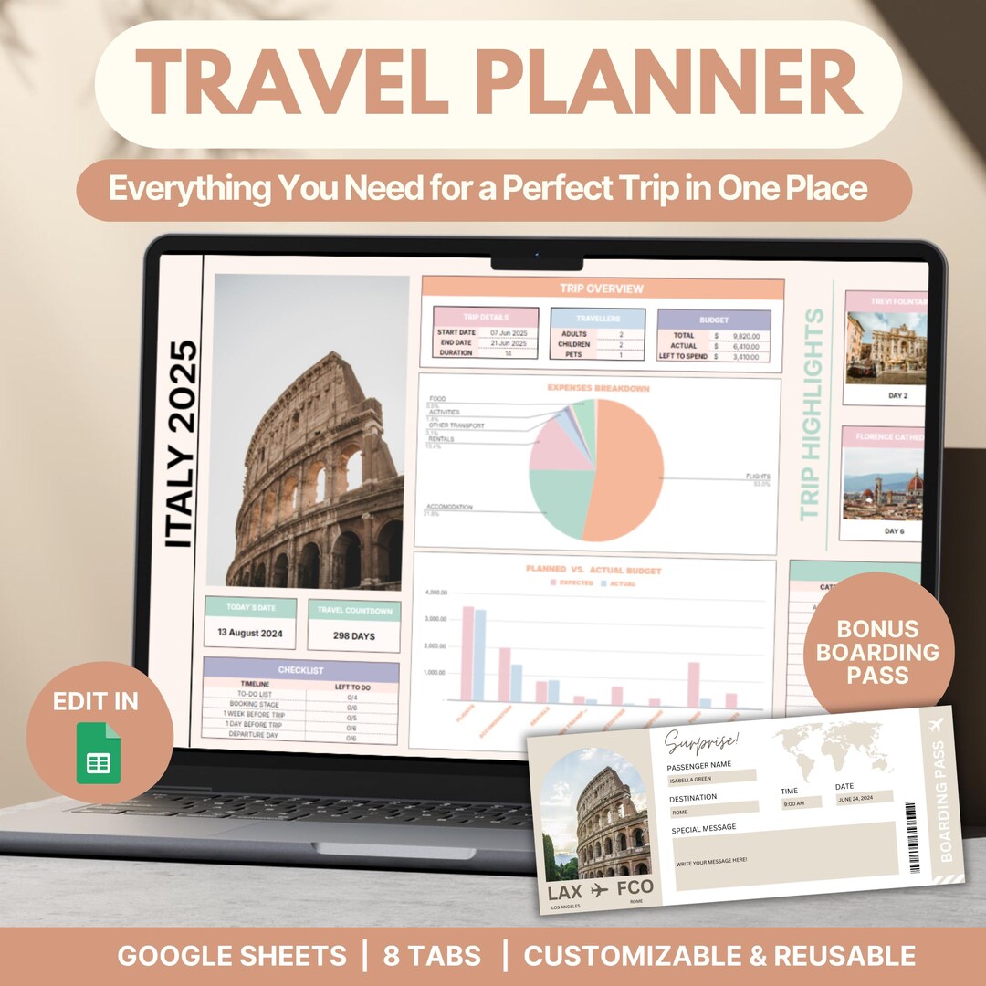 Travel Planner Spreadsheet Google Sheets Trip Itinerary Vacation Budget ...