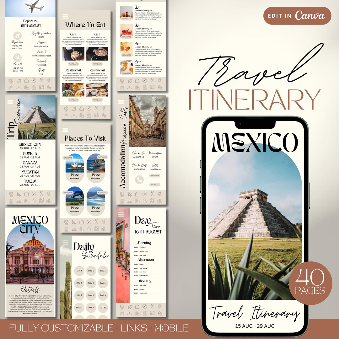 Mexico Travel Itinerary Template: Mobile Vacation Planner (canva) - Etsy
