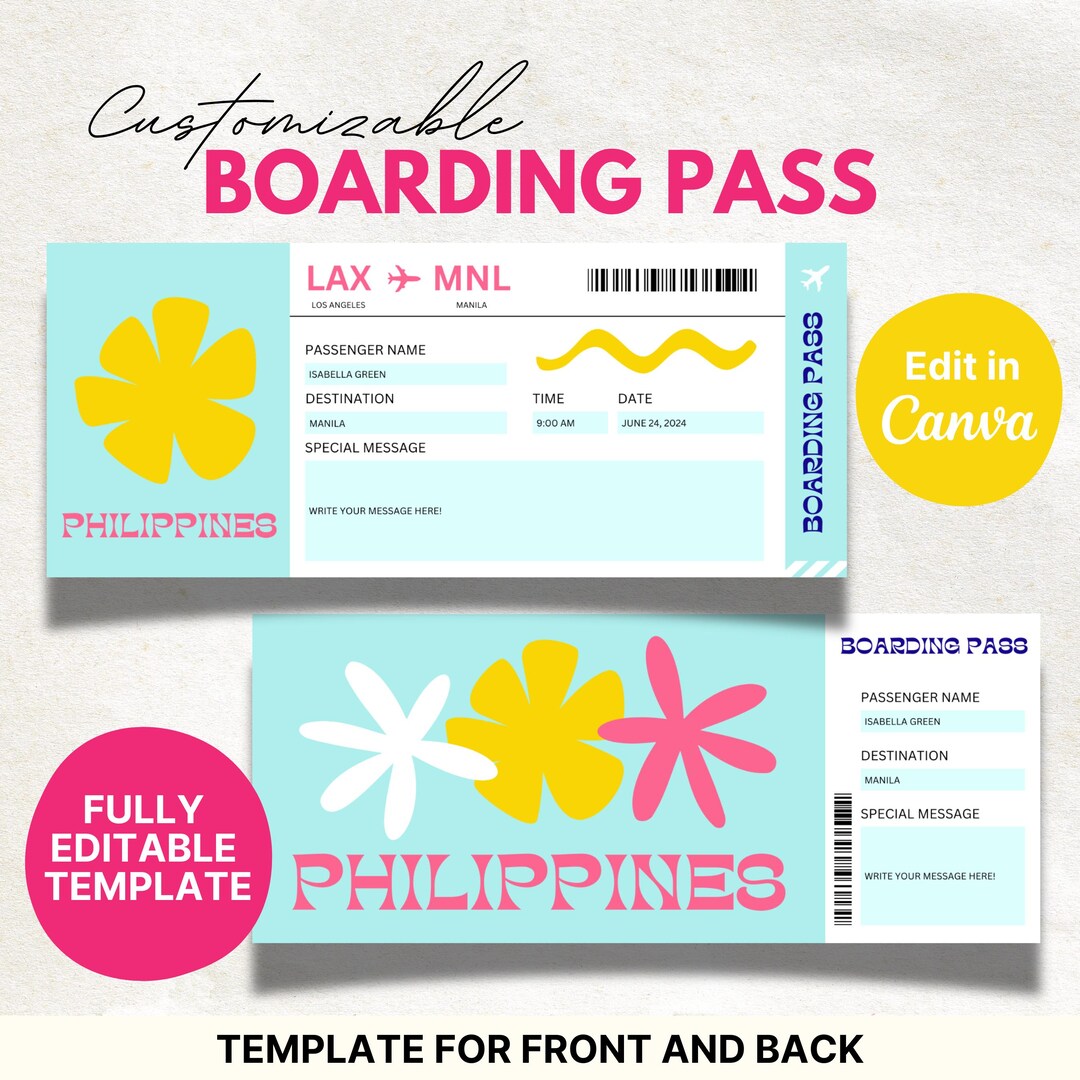 Philippines Boarding Pass Printable Template, Gift Fake Flight Ticket ...