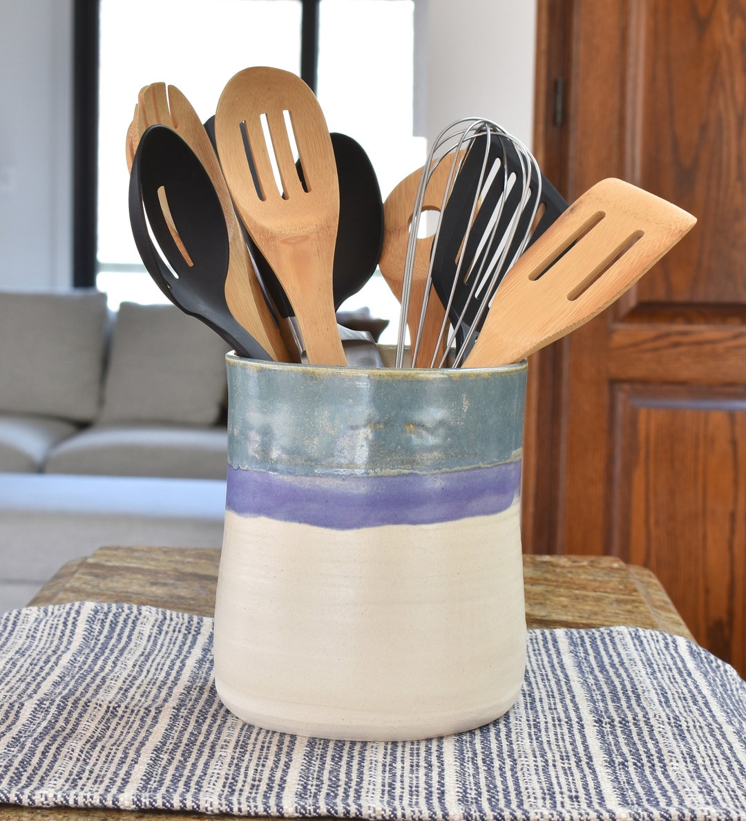 Ceramic 6 1/2 X 5 1/4 Inch Utensil Holder, Pottery White Blue Purple ...
