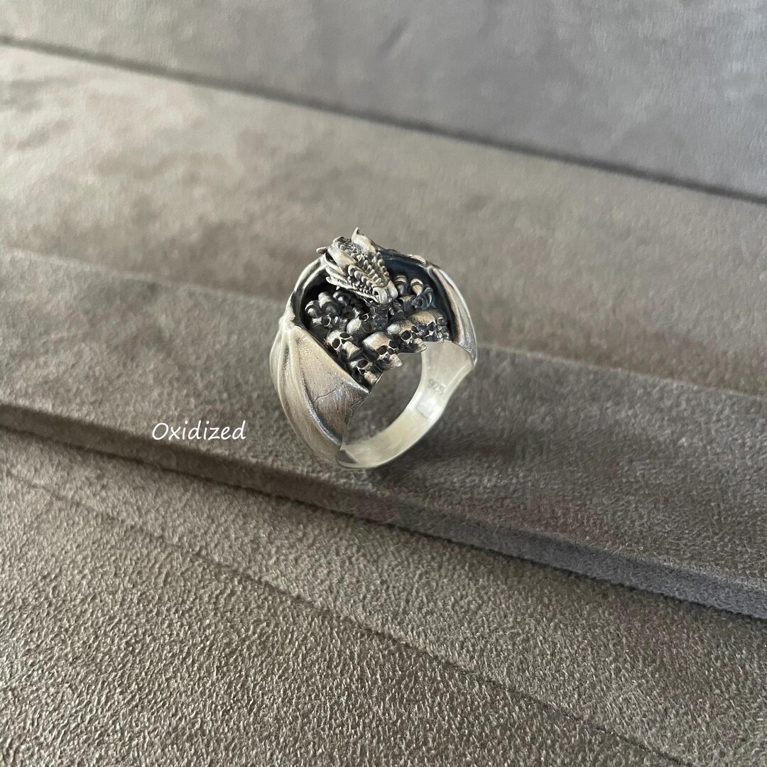 Sterling Silver Skull Dragon Ring - Gothic Biker Signet Ring - Etsy