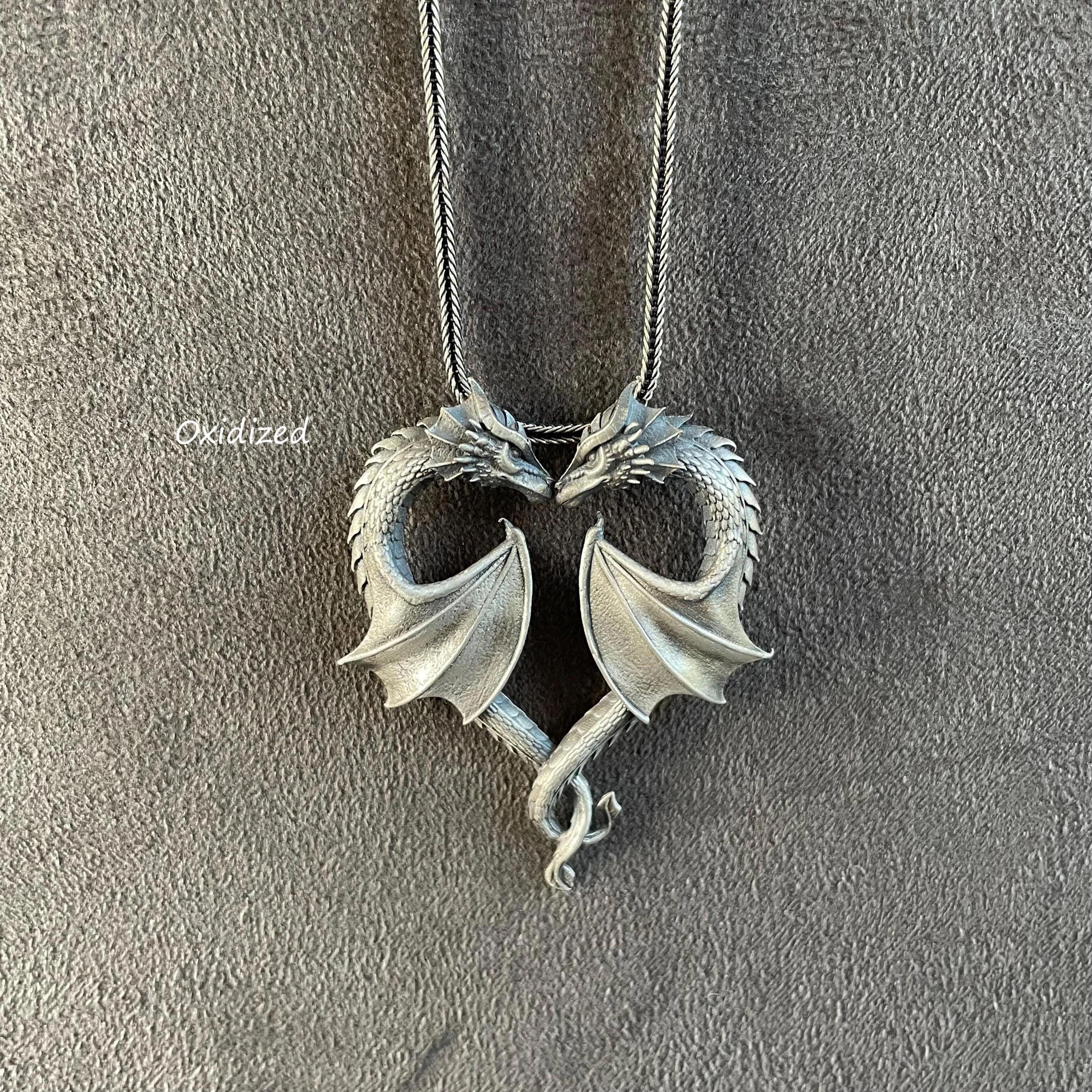 Twin Dragons Heart Shaped Pendant, Sterling Silver Drachen Anhänger of ...