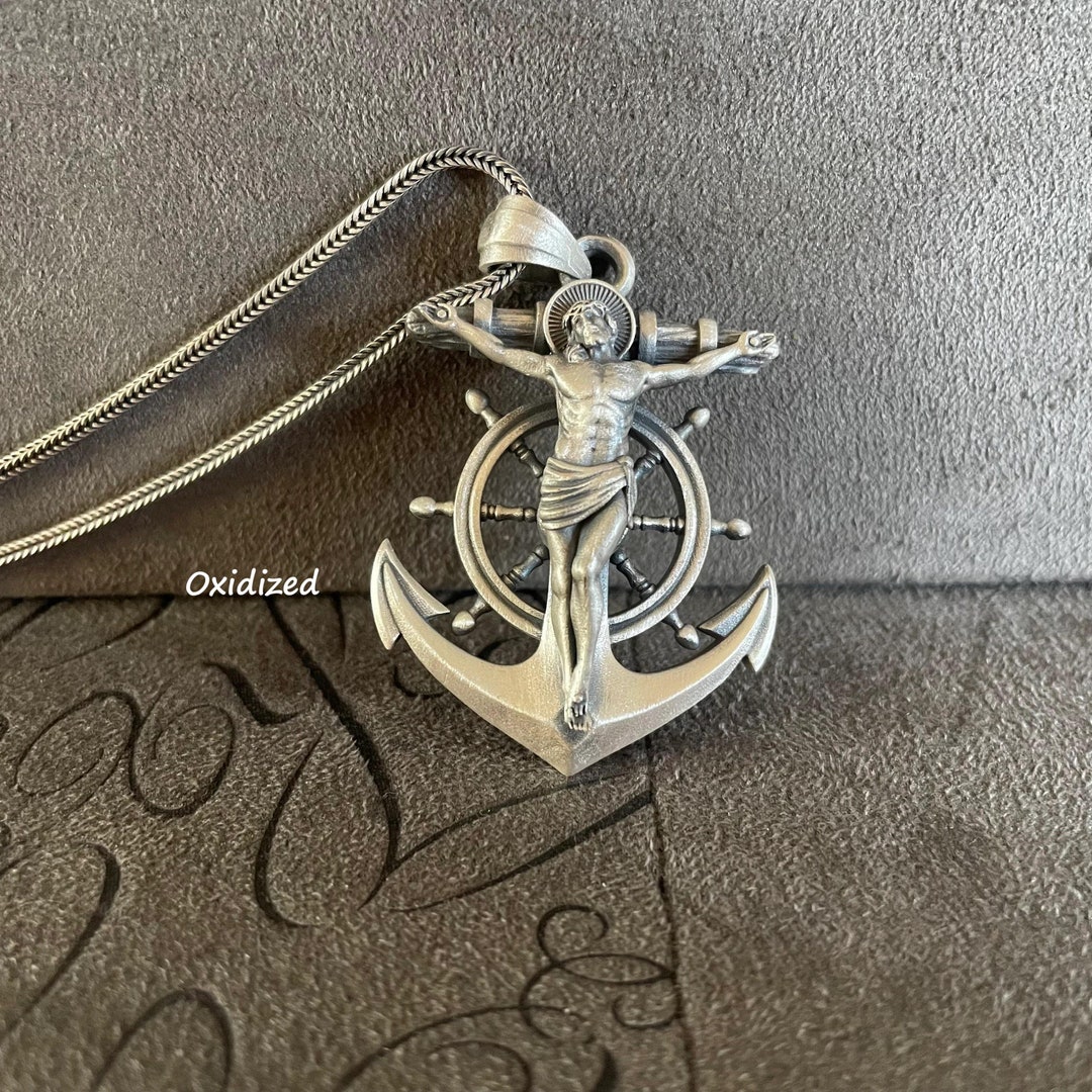 Jesus Cross Anchor Pendant, Sterling Silver Jesus Sailor Necklace, the ...