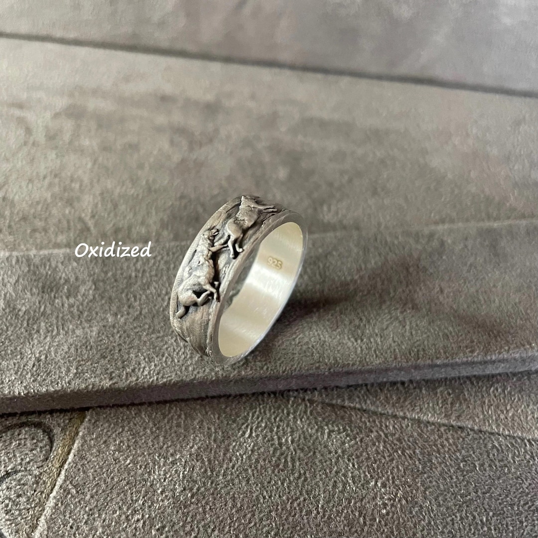 Running Wolves Ring, 925 Silver Wedding Band, Wilderness Ring, 10 Year ...