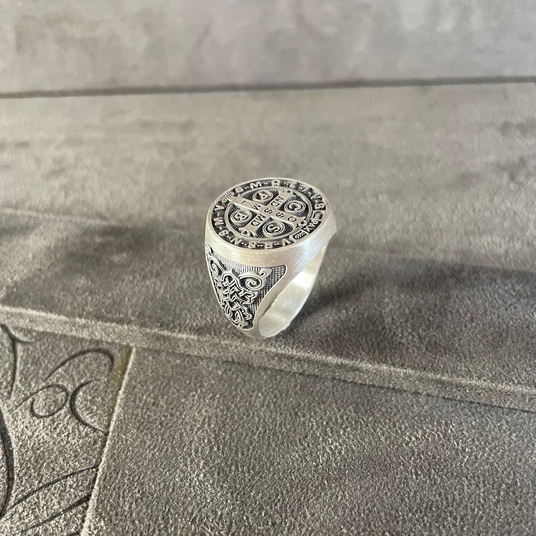 Saint Benedict Signet Ring, Sterling Silver Cross Exorcism Men Ring, St ...