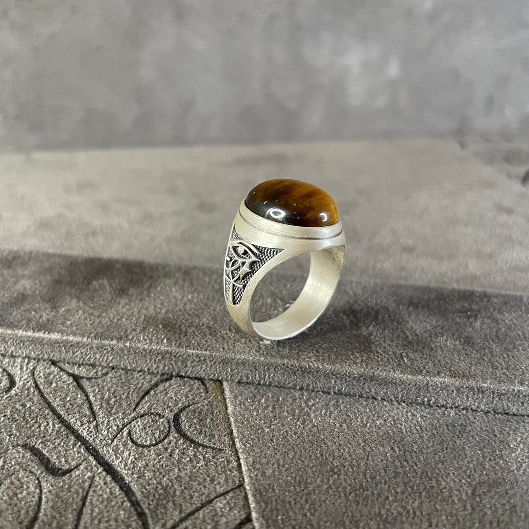 Eye of Horus and Ankh With Tiger Eyes Ring, Sterling Silver Eye of Ra ...