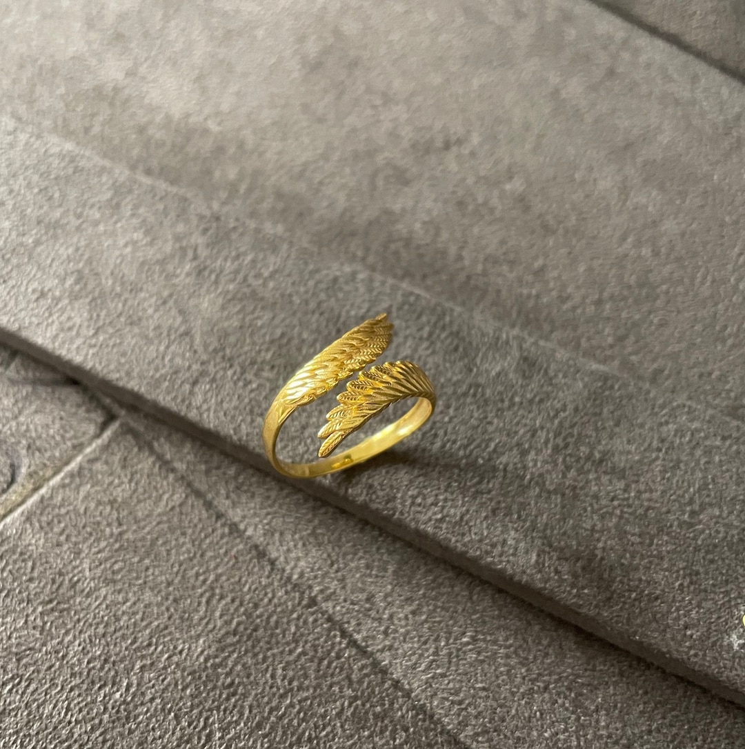 Angel Wings Feather Ring, 14K Real Gold Adjustable Ring, Spiritual ...