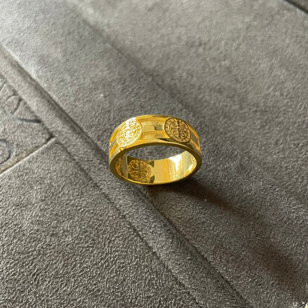 Saint Benedict Ring, 14K Real Gold Cross Exorcism Band Ring, Religious ...