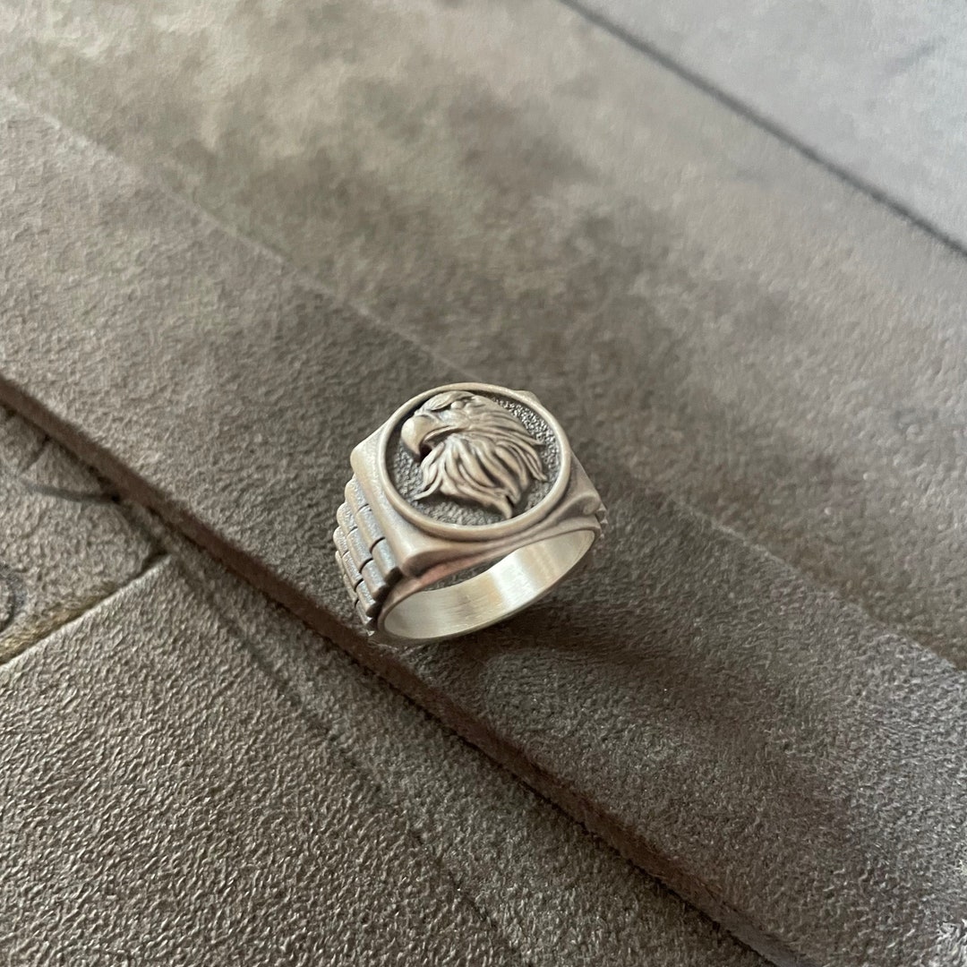Winged Eagle Ring, Sterling Silver Eagle Ring for Men, Eagle Head Ring, Statement Ring, Engraved ...