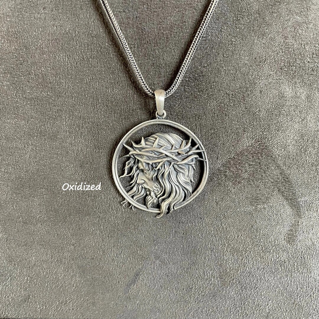 Jesus Christ Pendant, Silver Crown of Thorns Jesus Necklace, Christian ...