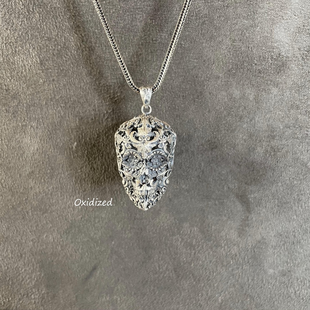 Patterned Skull Pendant, Sterling Silver Carved Skull Necklace ...