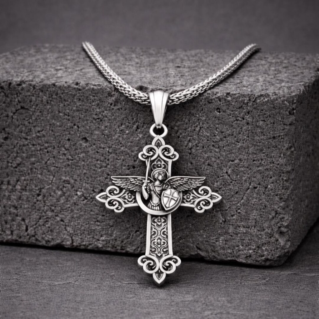 Archangel Michael Cross Necklace, 925 Silver Crucifix Pendant, Quis Ut ...
