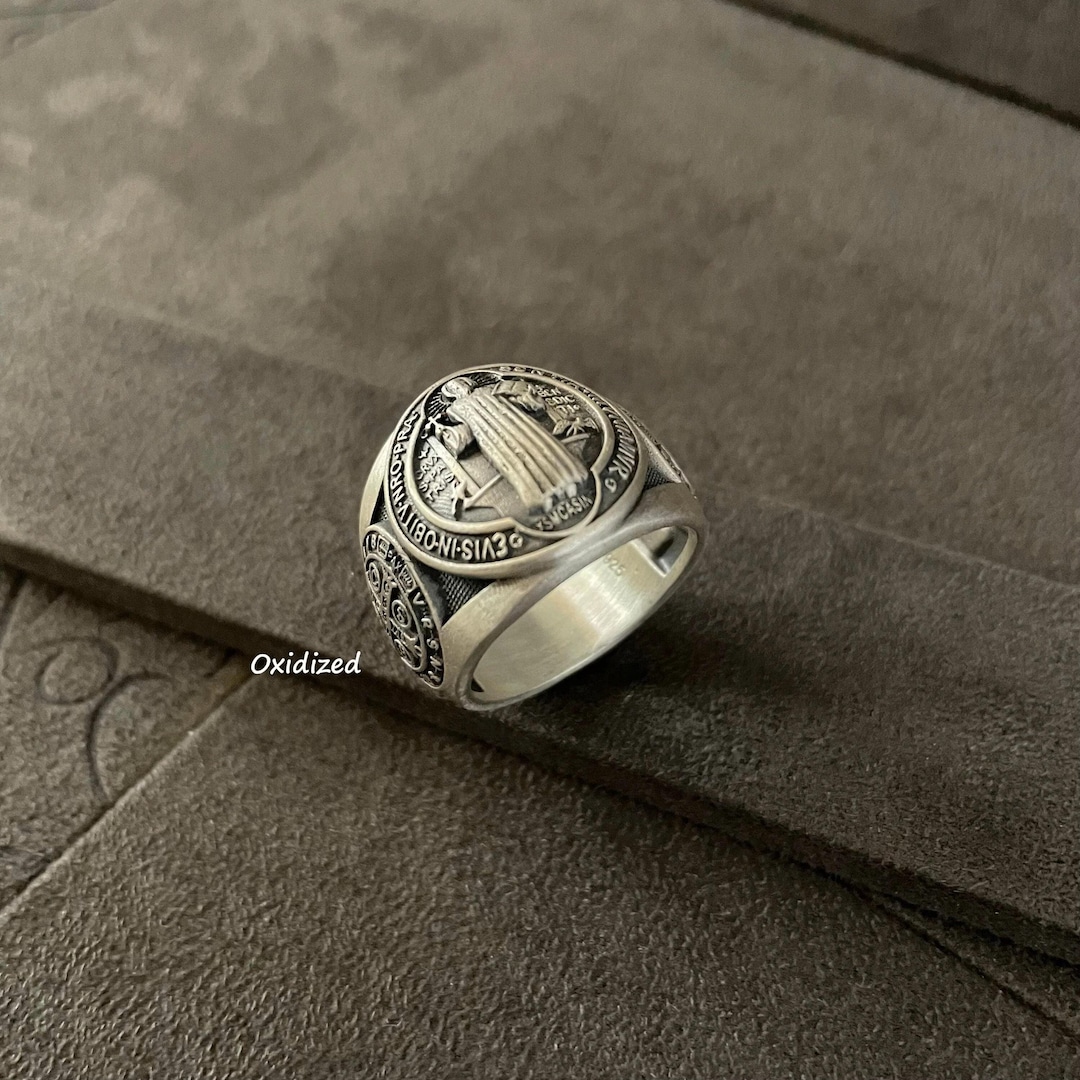 Saint Benedict Signet Ring, Sterling Silver Cross Exorcism Men Ring, St ...
