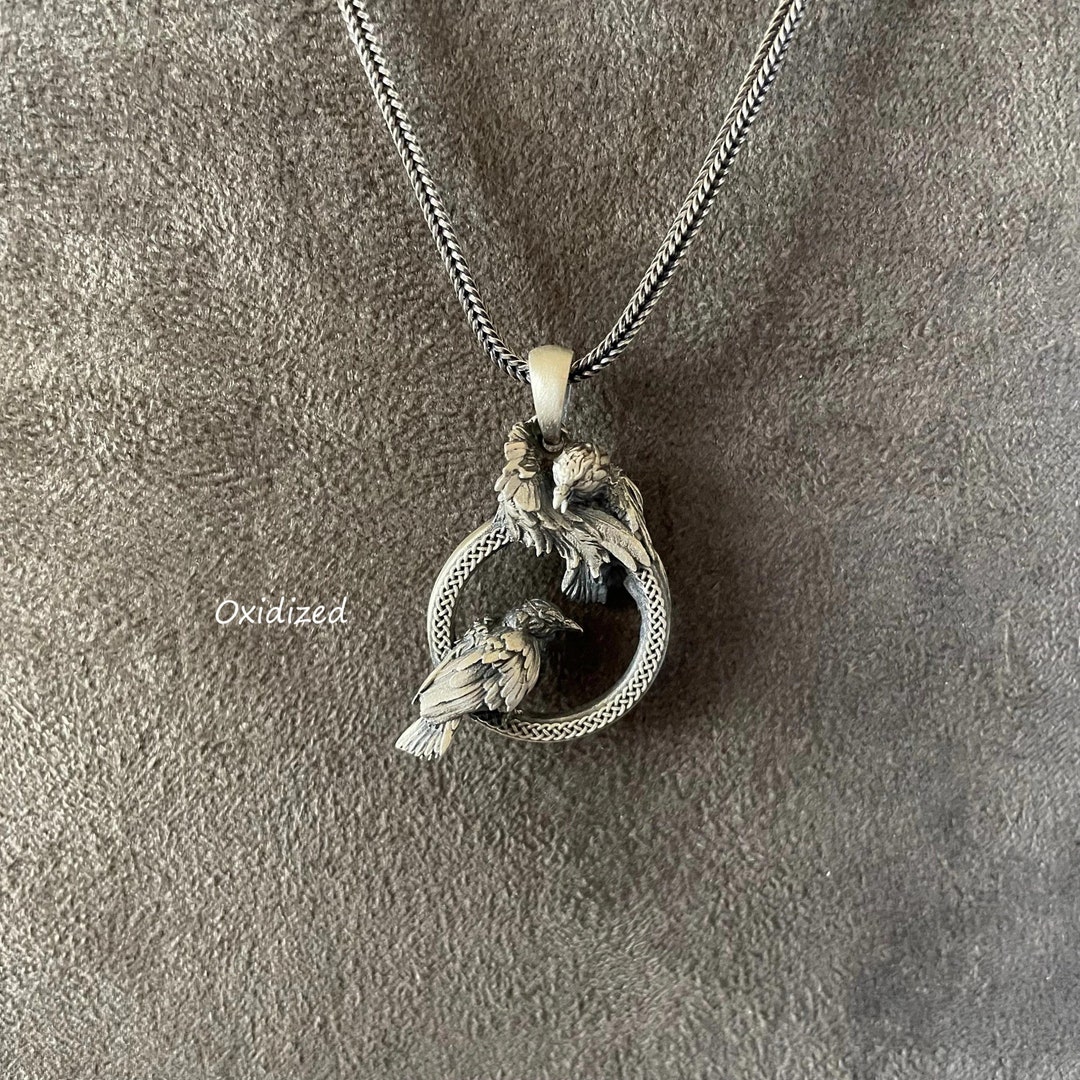 Odin's Pendant, Sterling Silver Ravens Hugin and Munin Necklace ...