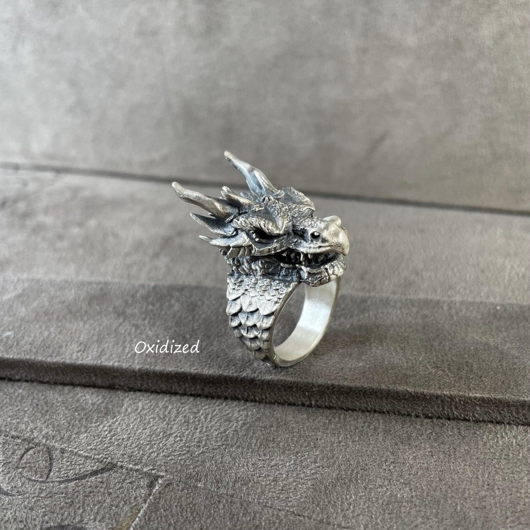 Handmade Dragon Ring, Silver Dragon Head Ring for Mens, Mythology Gift ...