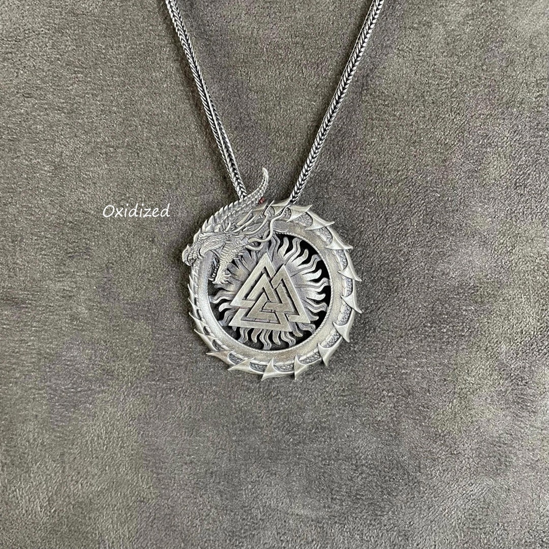Sterling Silver Ouroboros With Valknut Pendant, Mythology Snake ...
