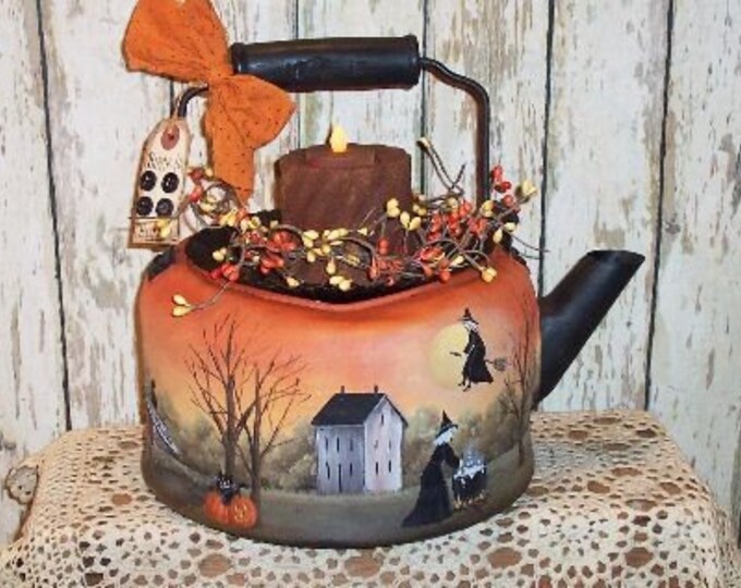 PRIMTIVE HALLOWEEN WITCH TEA KETTLE CANDLE LIGHT HCOFG - Etsy