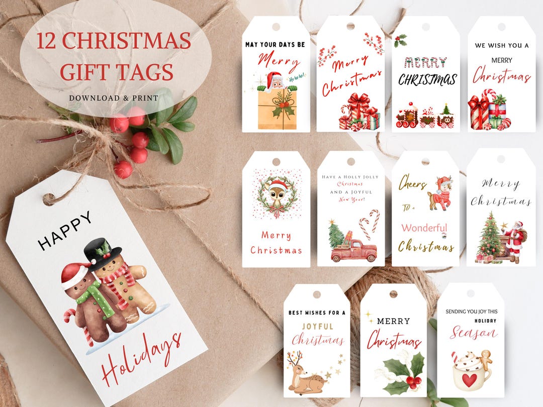Printable Christmas Gift Tags Set of 12, Christmas Label, Holiday Party ...
