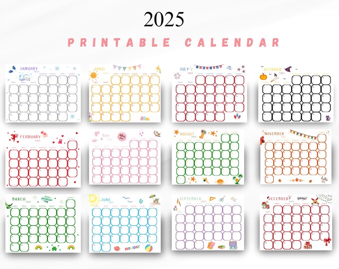 2025 Calendar Printable,cute Kids Calendar 2025, Wall Calendar PDF ...