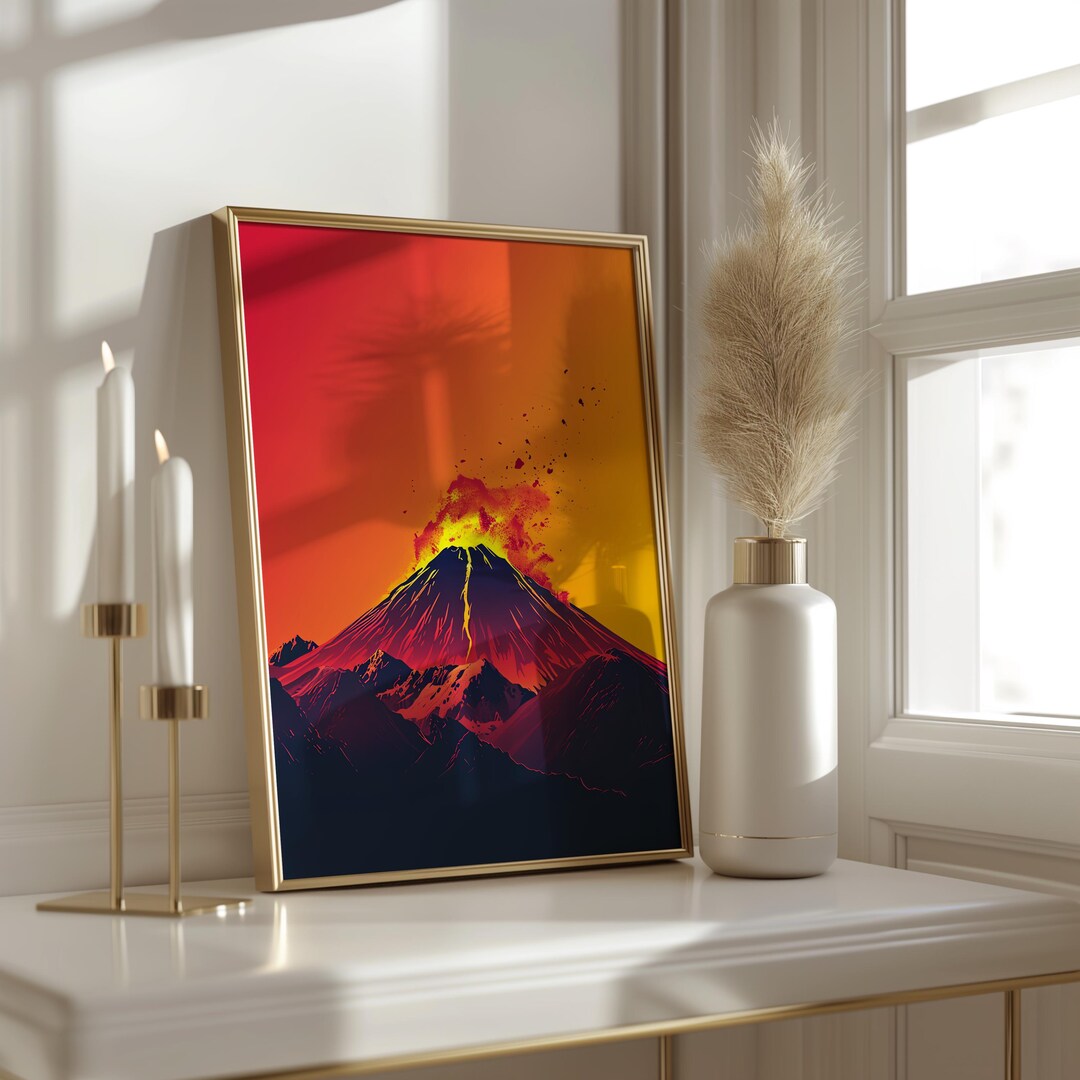 Neon Volcano Sunset | Synthwave Birds Poster | Maximalist Vector Art ...